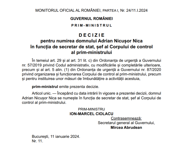 Adrian Nicuşor Nica a fost numit în funcţia de secretar de stat, şef al ...